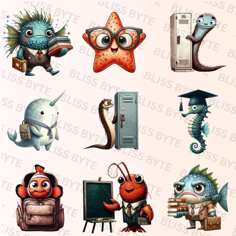 Watercolor Ocean School Clipart PNG | Funny Sea Creatures (digital ...