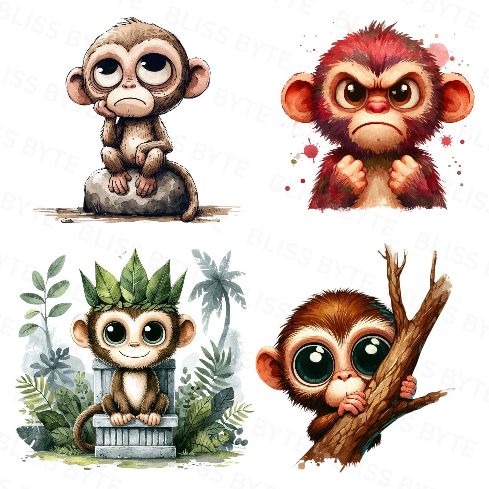 32 Watercolor Funny Monkey PNG Clipart | Cute Jungle Monkeys in Silly ...