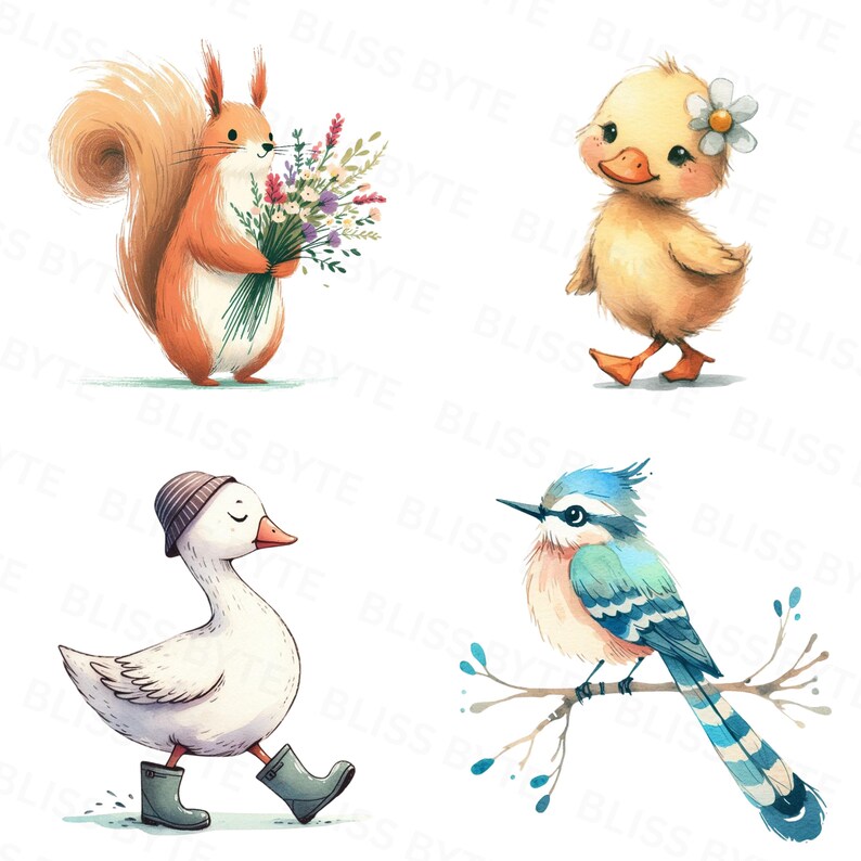 Watercolor Spring Animal Clipart: Bunny, Lamb, Duck (PNG Digital ...