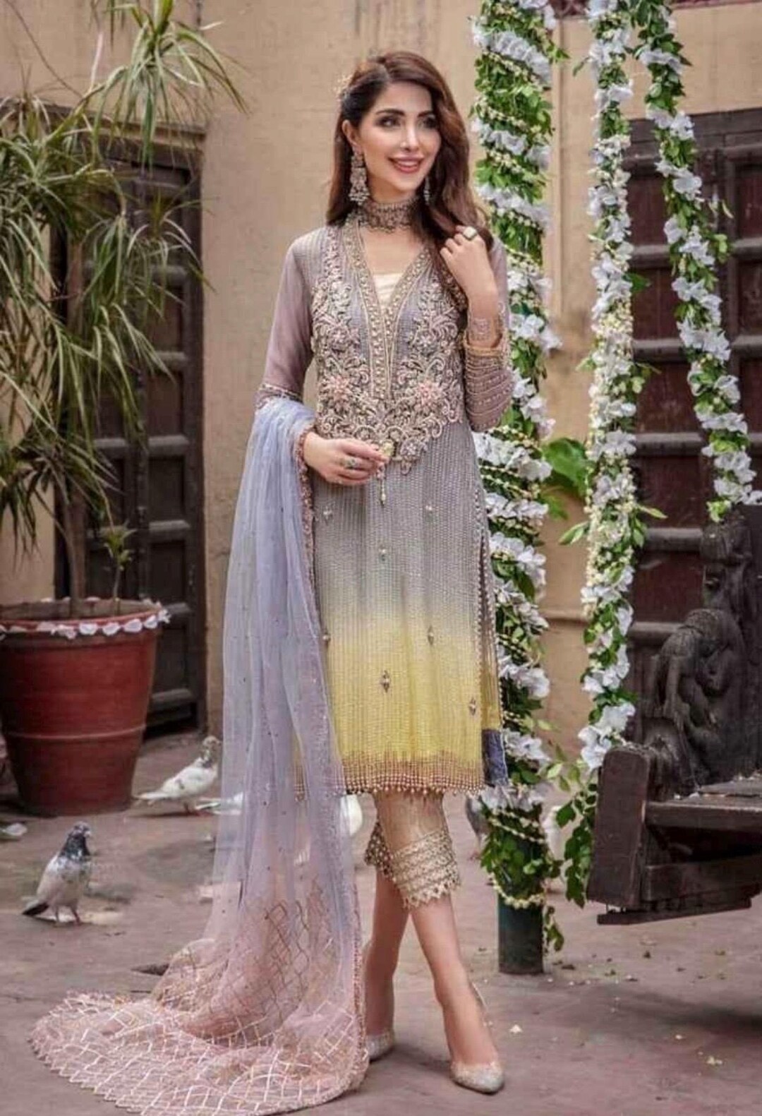 Luxury Pakistani Suit | Chiffon Handwork Shirt | Jamawar Trousers ...