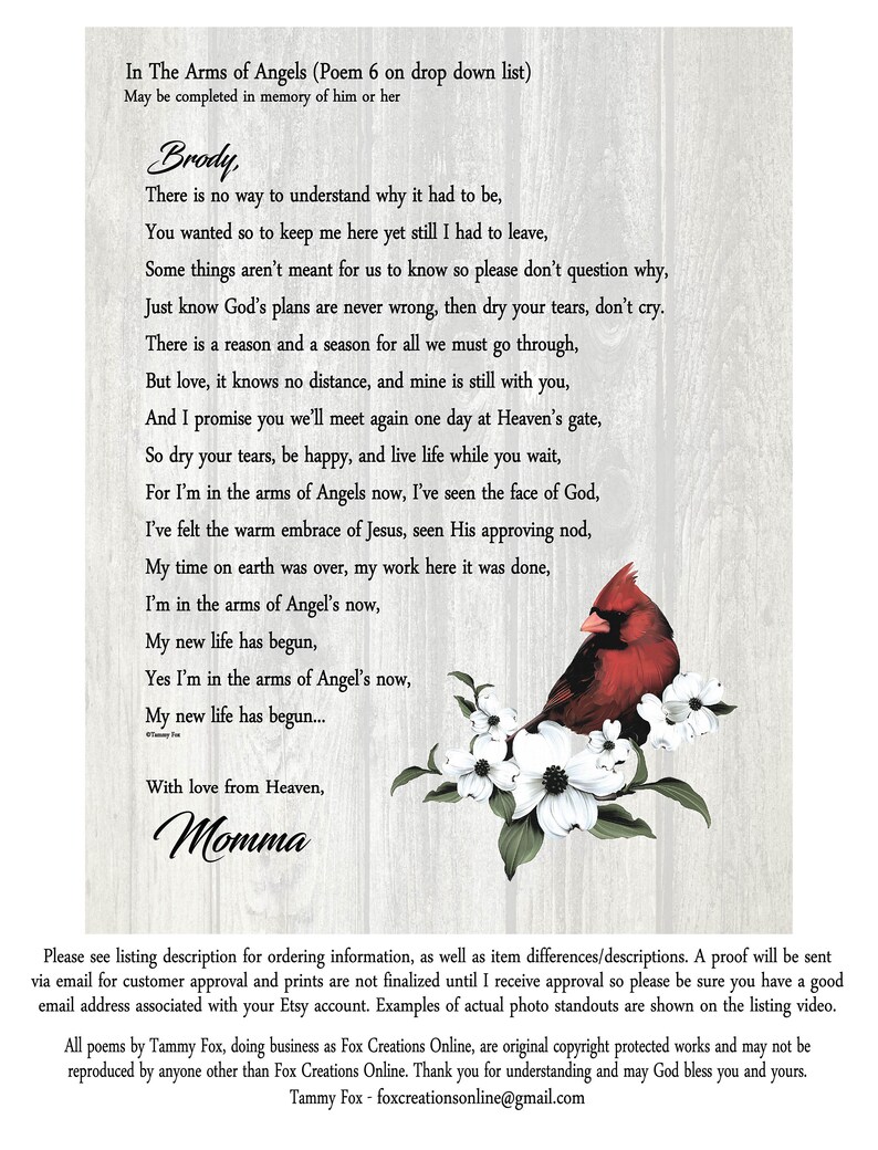 Personalized Memorial Poem Print: Sympathy Gift, Bereavement Keepsake ...