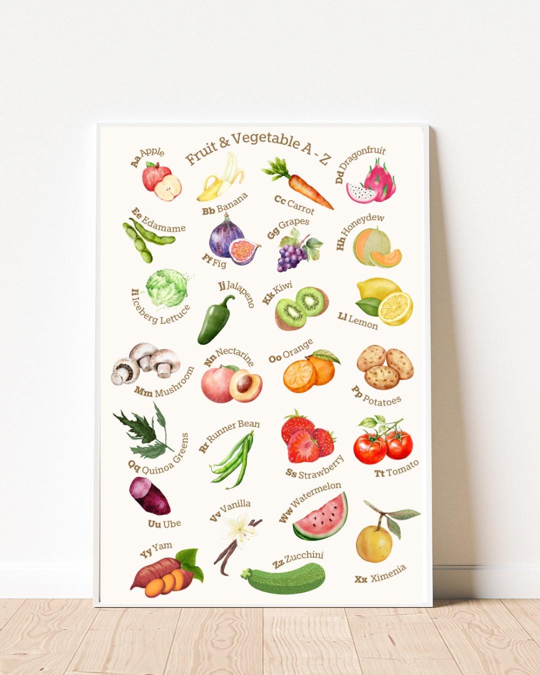 Fruit & Vegetable A-Z Alphabet Print, Digital Poster, Homeschool Poster ...