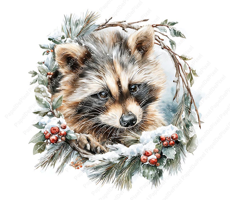 Cute Christmas Raccoon Clipart Bundle, Watercolor Winter Clipart ...
