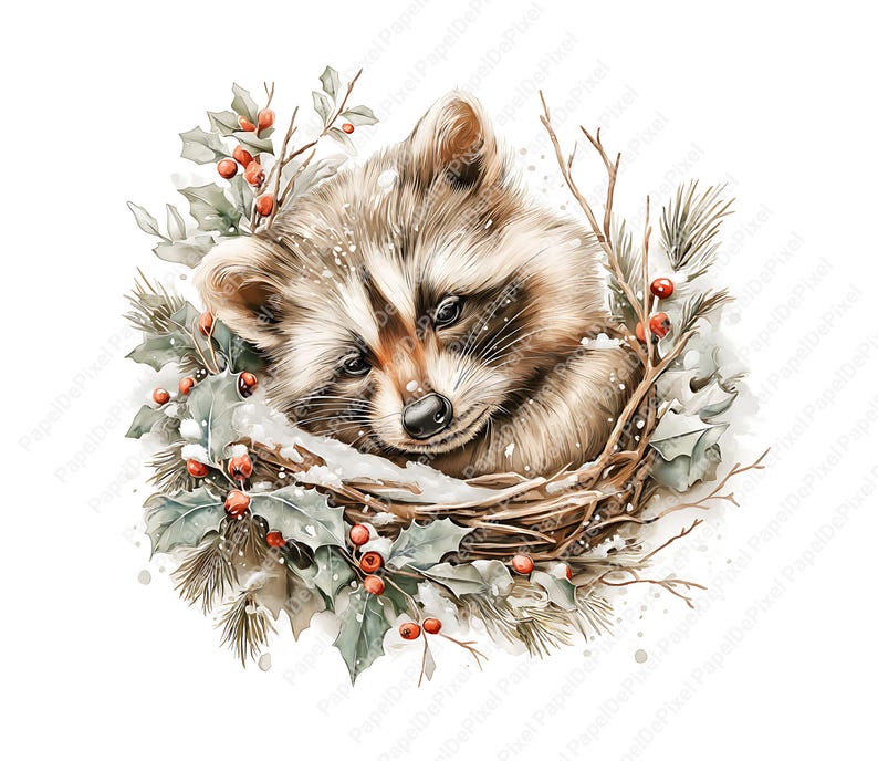 Cute Christmas Raccoon Clipart Bundle, Watercolor Winter Clipart ...