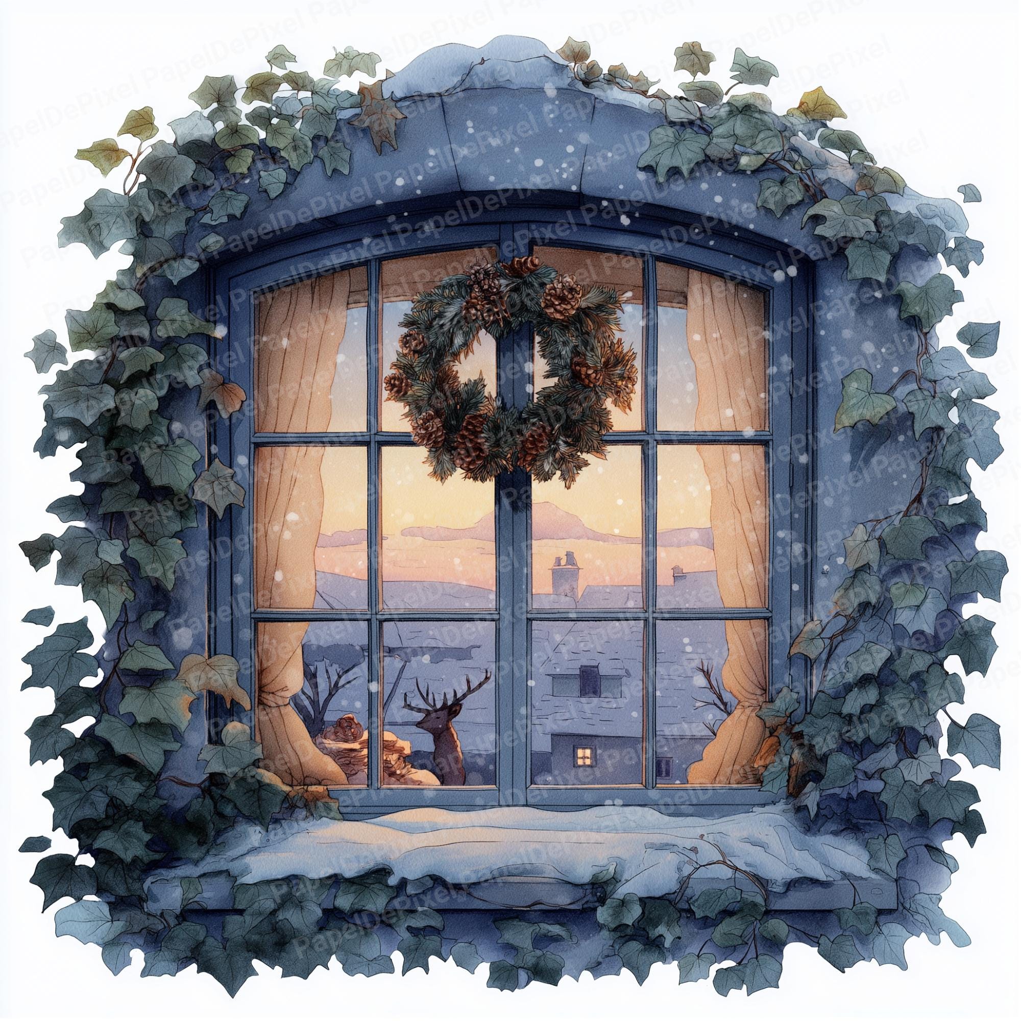 Winter Window View, Christmas Scene Clipart, Charming Window, 16JPEG ...
