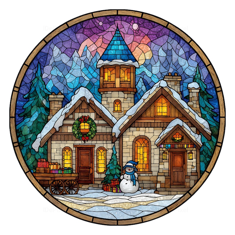 27 Christmas Winter Landscapes Stained Glass, Round Clipart PNG ...