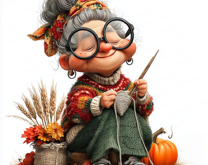 Autumn Fall Clipart : Quirky Old Ladies Clipart, Knitting Lady, Fall ...