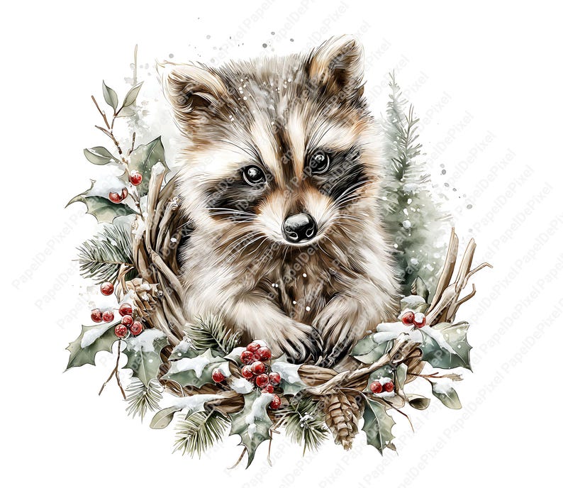 Cute Christmas Raccoon Clipart Bundle, Watercolor Winter Clipart ...