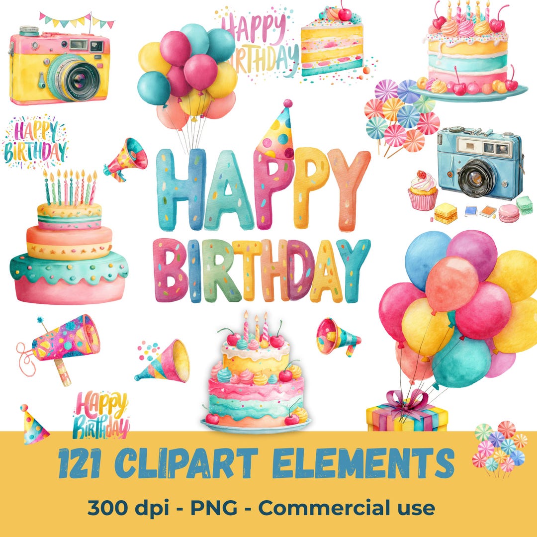Happy Birthday Watercolor Party Clipart Bundle, 121 PNG ,birthday Cake ...