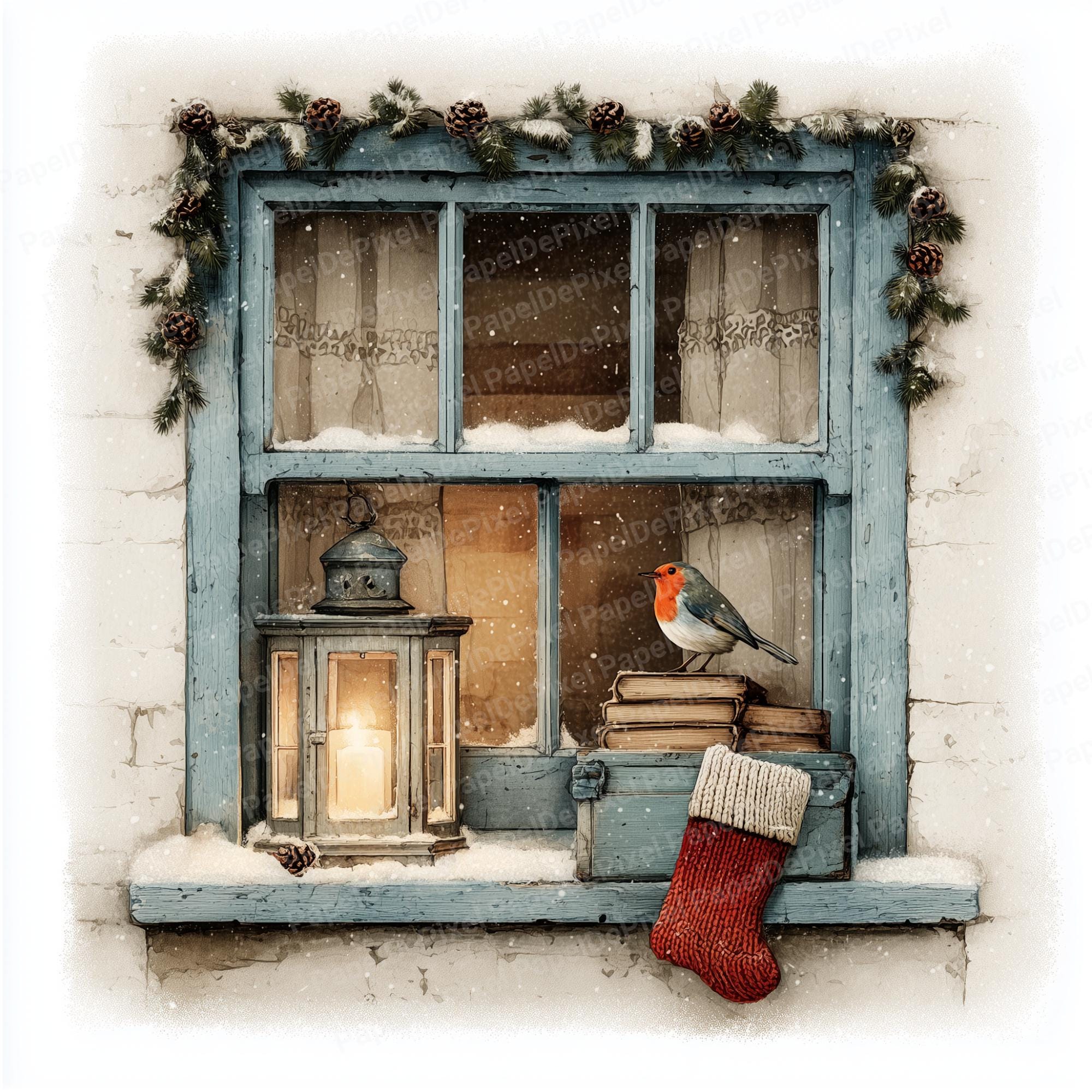 Winter Window View, Christmas Scene Clipart, Charming Window, 16JPEG ...
