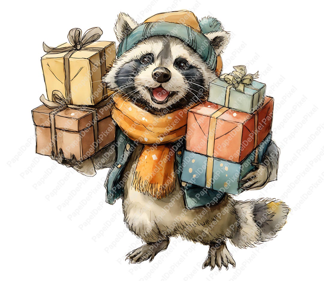 Christmas Raccoon Clipart Bundle, Printable Watercolor Illustrations ...