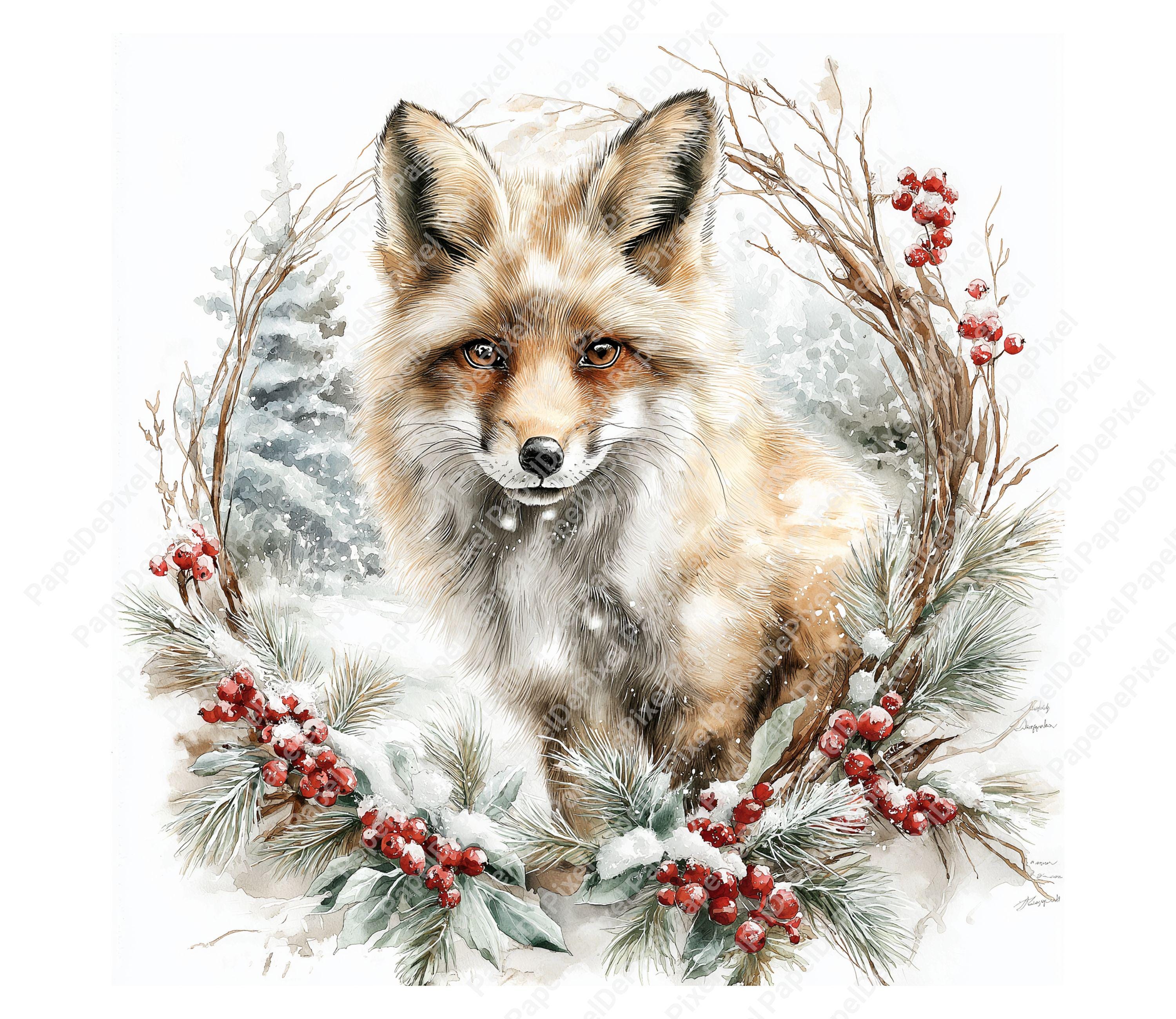 Watercolor Christmas Fox Clipart Bundle, 14 JPEG Winter Fox and Snow ...