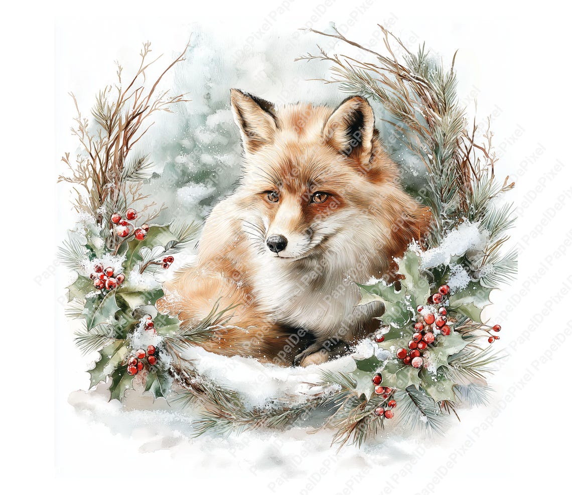 Watercolor Christmas Fox Clipart Bundle, 14 JPEG Winter Fox and Snow ...