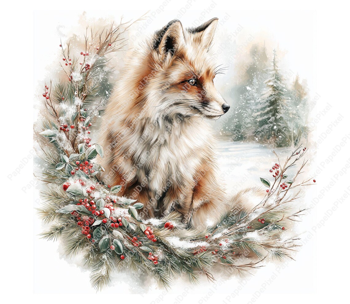 Watercolor Christmas Fox Clipart Bundle, 14 JPEG Winter Fox and Snow ...