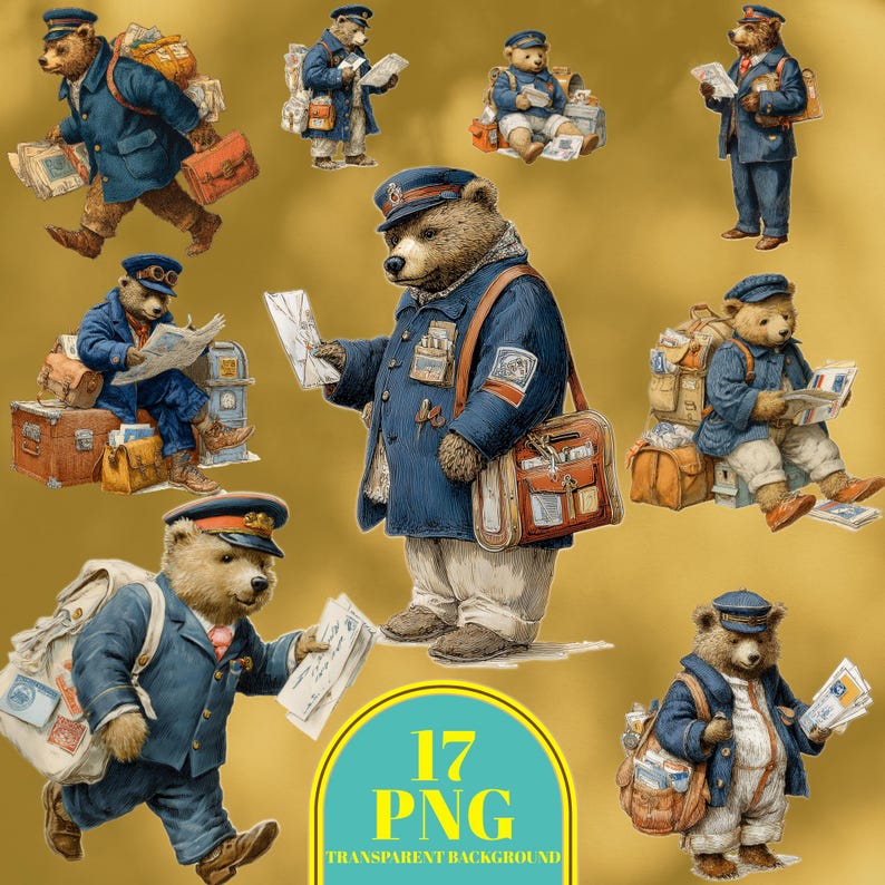 Vintage Postman Bear Clipart: Printable Pngs for Junk Journals ...