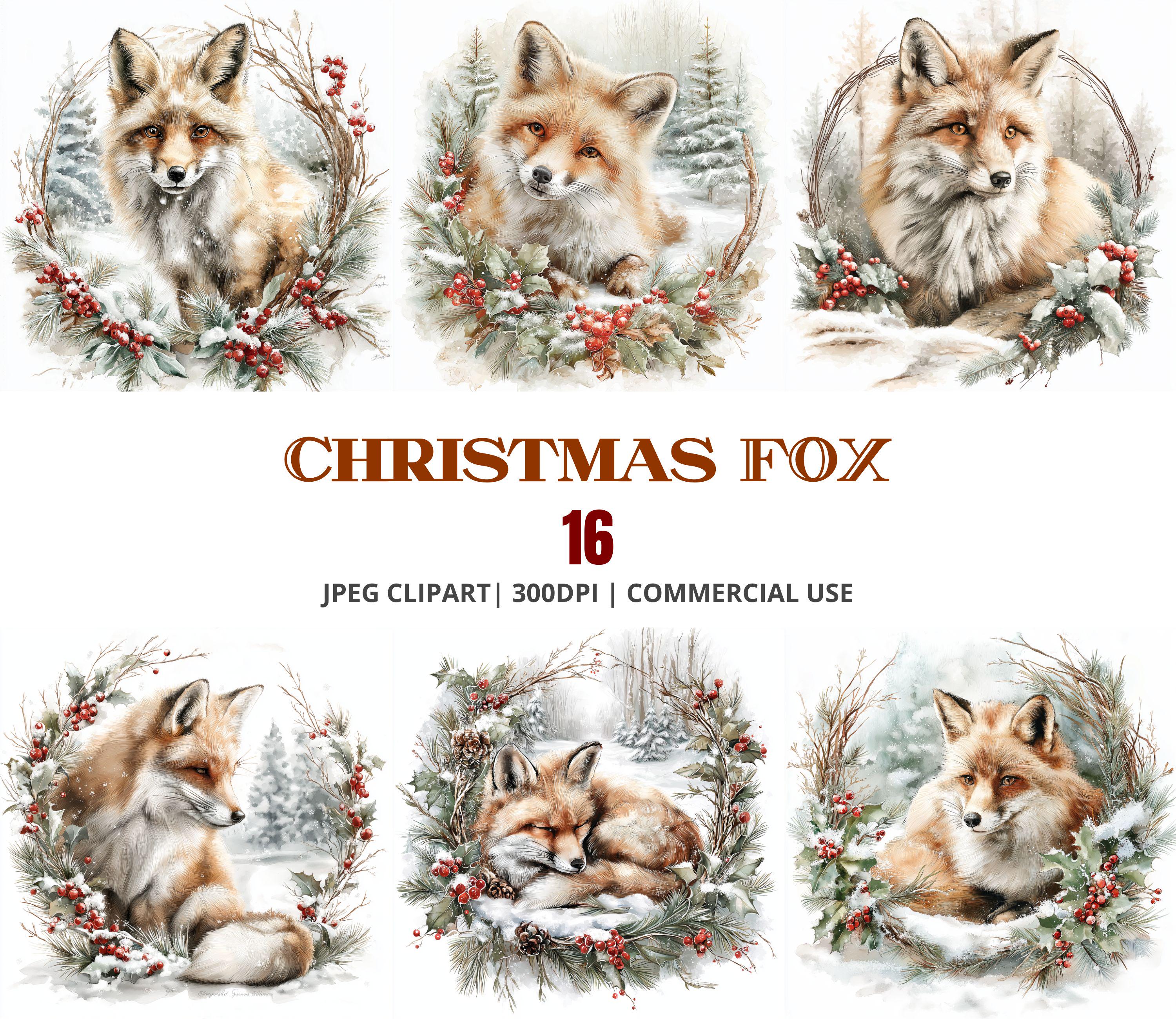 Watercolor Christmas Fox Clipart Bundle, 14 JPEG Winter Fox and Snow ...