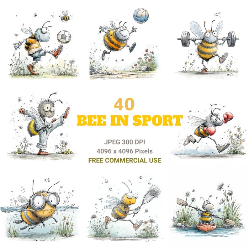 Sporty Bees Clipart: Funny Quirky Bee, Watercolor Bee Illustrations for ...