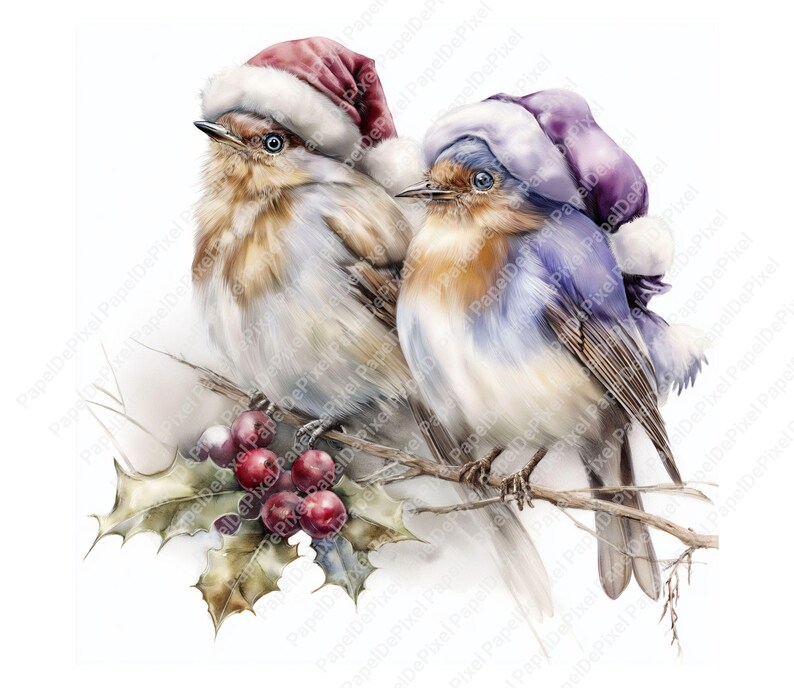 Cute Christmas Birds Clipart, Watercolor Winter Birds, Christmas Card ...
