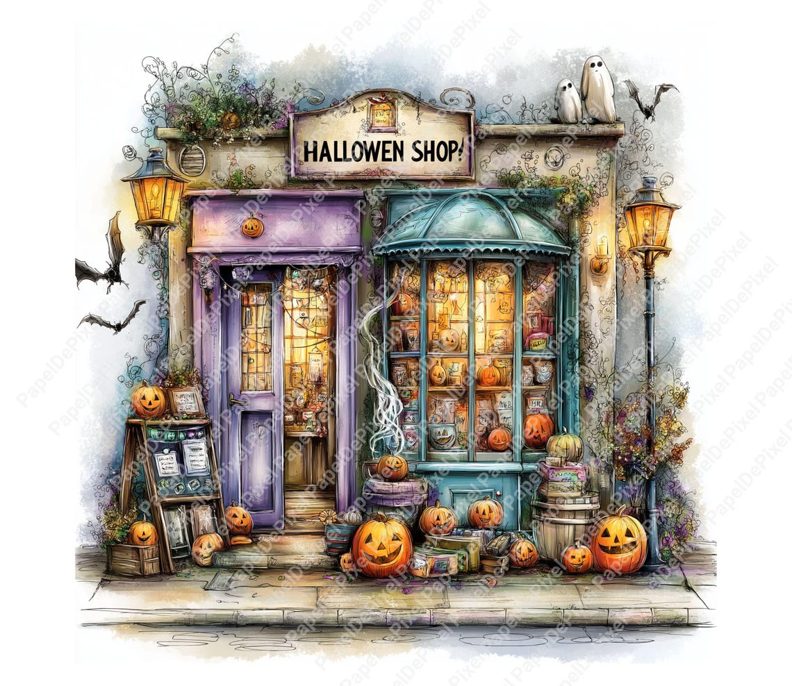 Quirky Halloween Shop Clipart Bundle, Watercolor Spooky Halloween ...