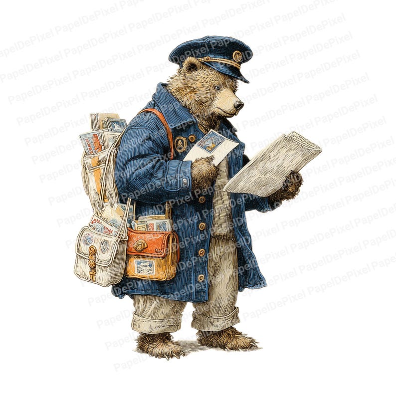 Bear Clipart, Vintage Postman Bear Illustration, Quirky Clipart ...