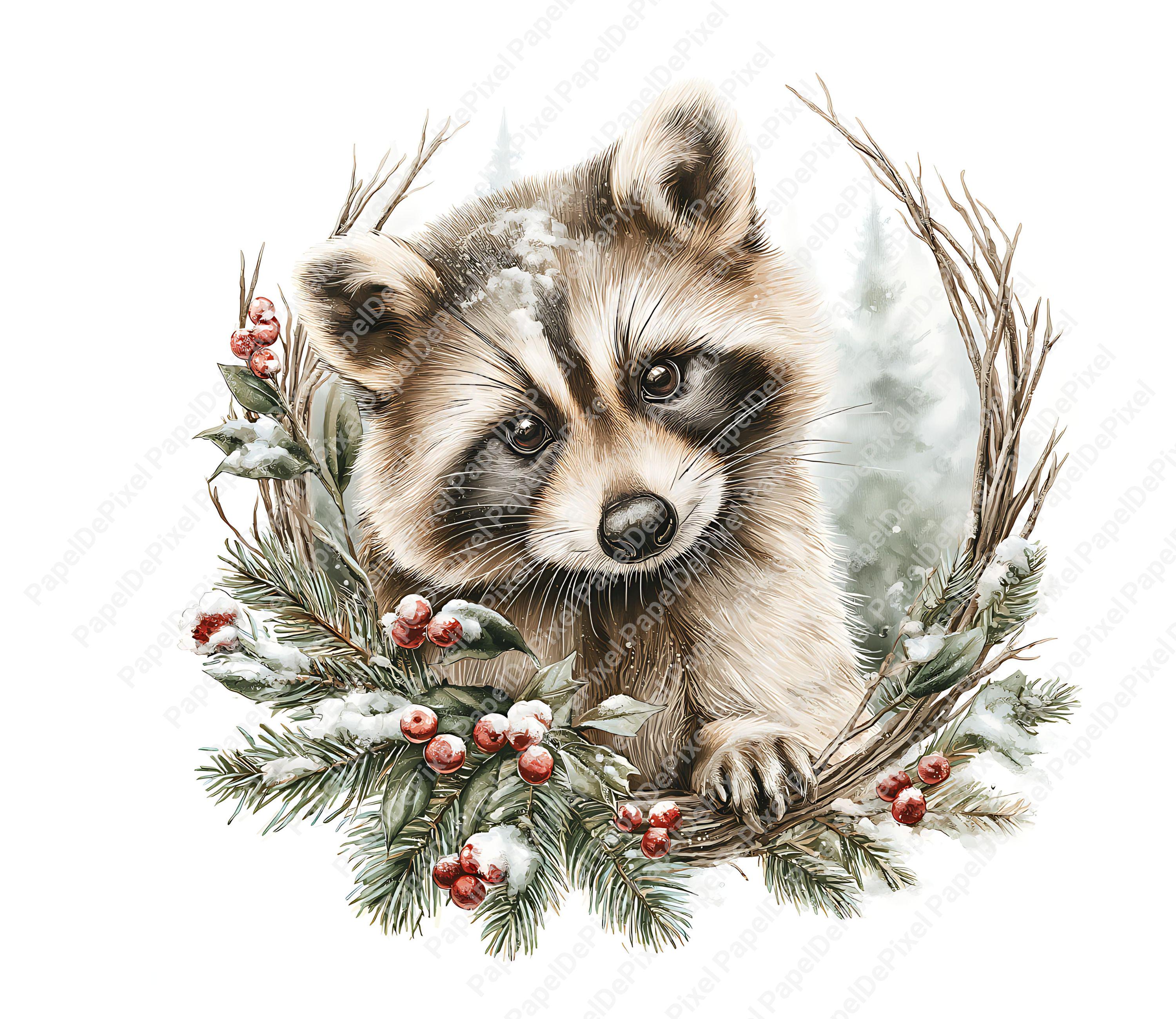 Cute Christmas Raccoon Clipart Bundle, Watercolor Winter Clipart ...