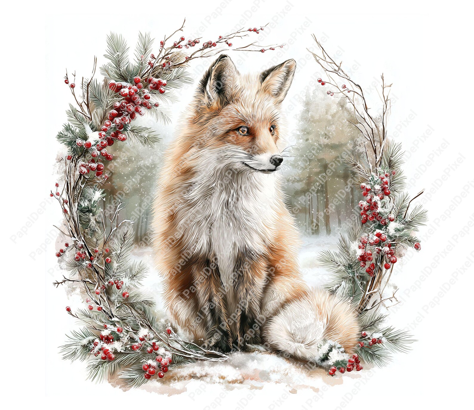 Watercolor Christmas Fox Clipart Bundle, 14 JPEG Winter Fox and Snow ...