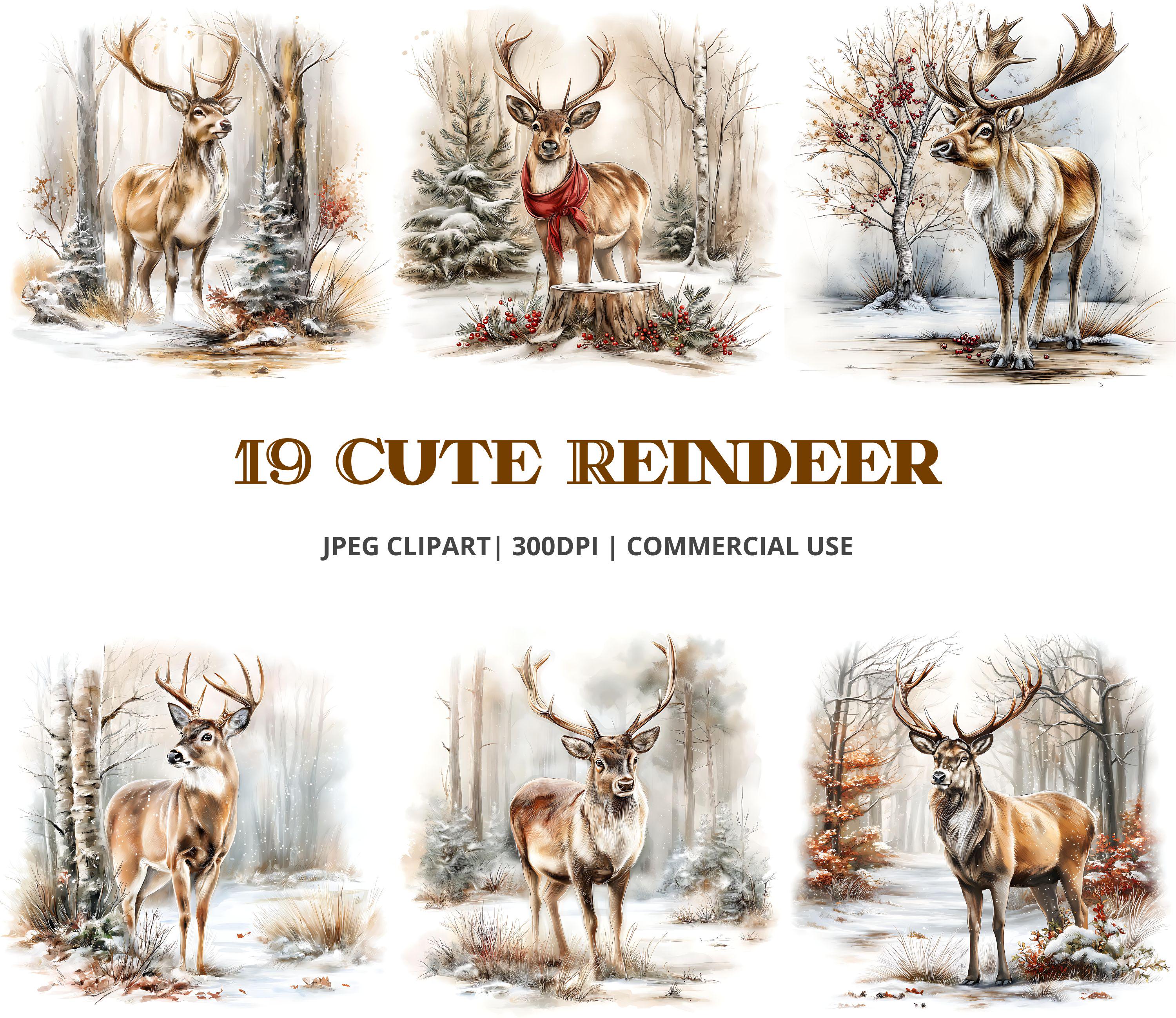 Watercolor Deer Clipart Bundle, 19JPEG, Cute Reindeer, Forest Animal ...