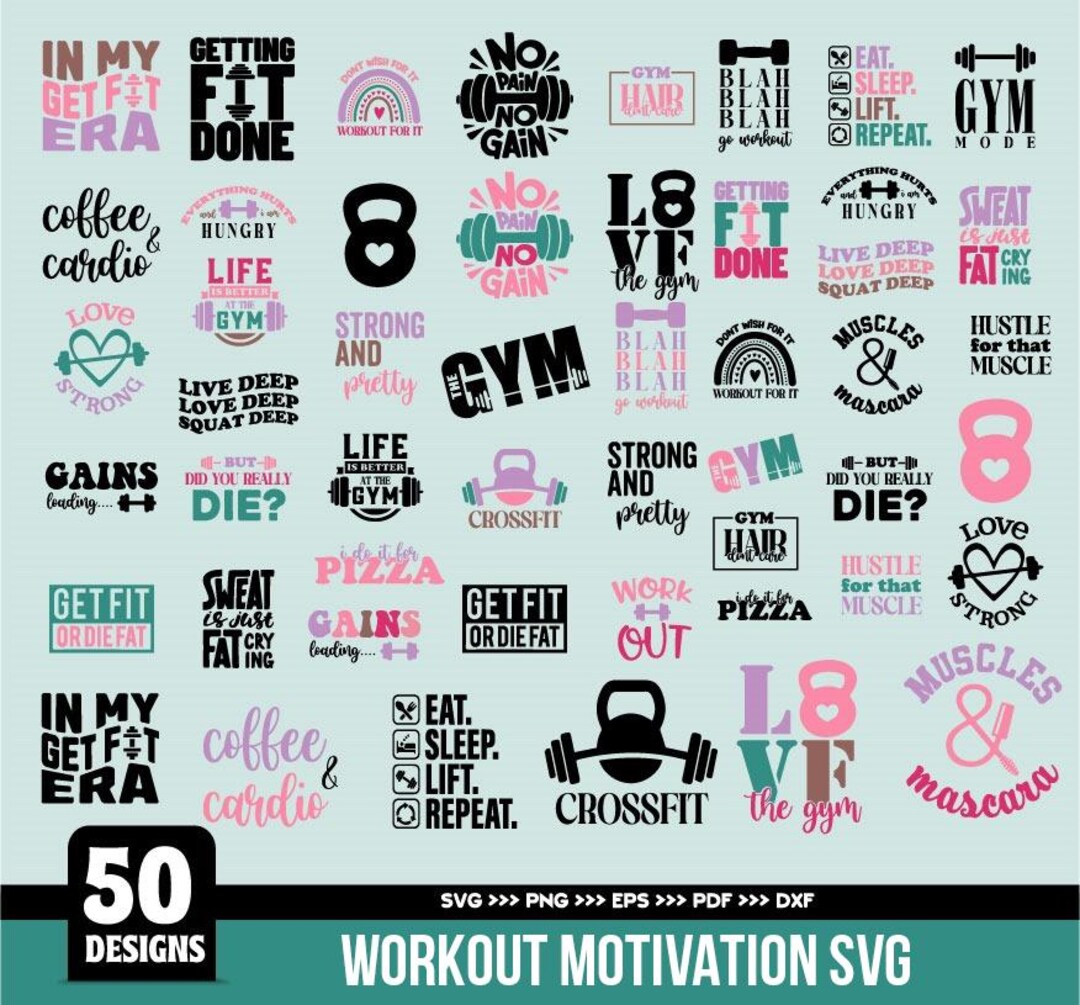 Retro Workout Motivation SVG Bundle: 50 Fitness Designs (digital ...