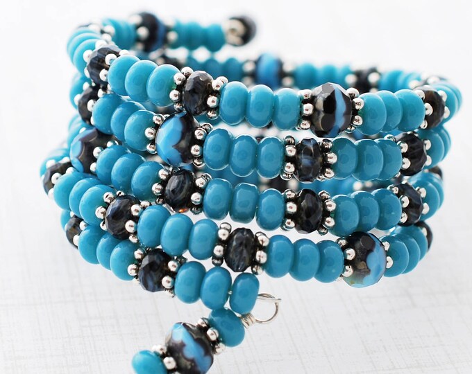 Blue Bracelet, Blue Wrap Bracelet, Light Blue, Memory Wire Bracelet ...