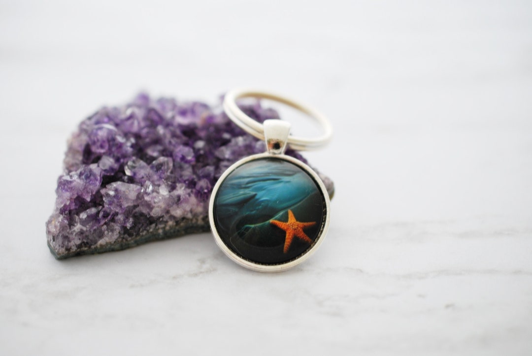 Starfish Beach Keychain: Ocean Wave Photo, Silver Key Ring - Etsy