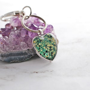 Green and Gold Keychain, Heart Keychain, Glitter Keychain, Green Key ...