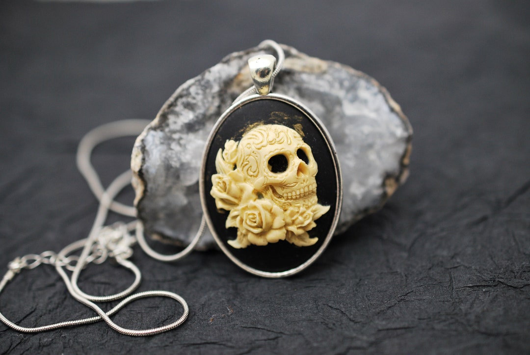 Floral Skull Cameo, Floral Necklace, Skull Cameo Necklace, Cameo ...