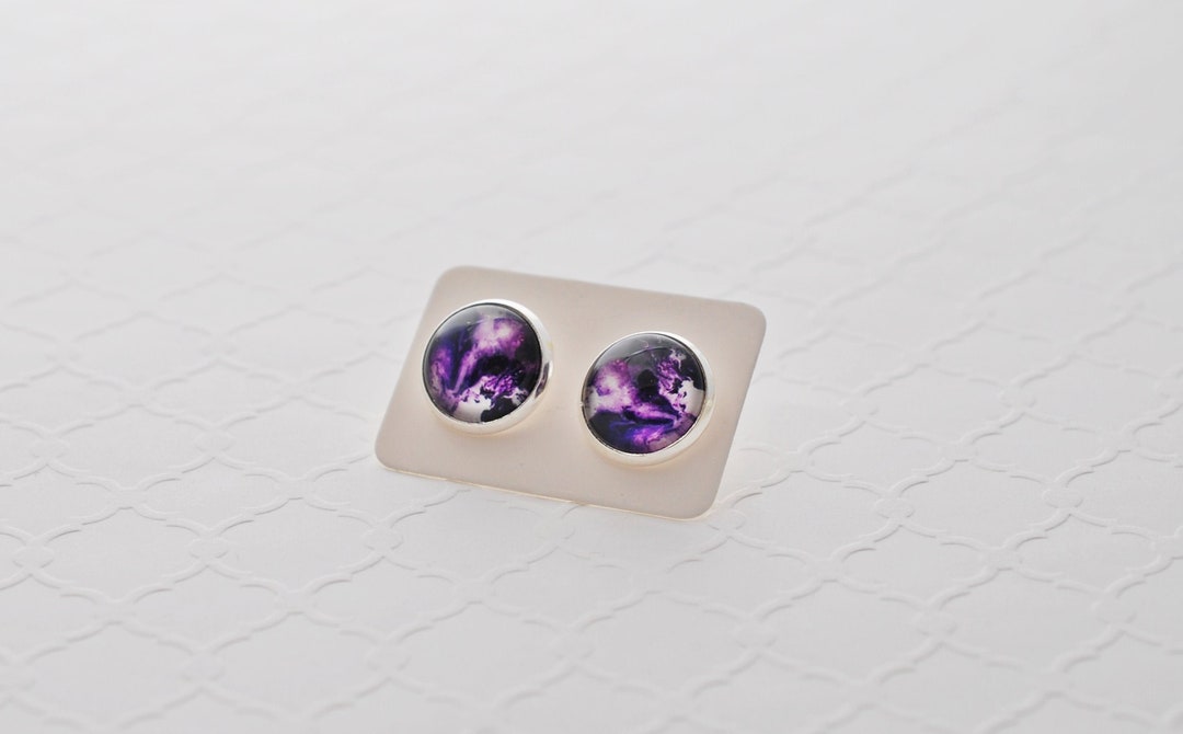 Purple Studs, Purple Earrings, Art Earrings, Acrylic Pour Jewelry ...