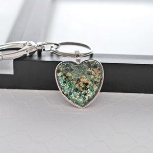Green and Gold Keychain, Heart Keychain, Glitter Keychain, Green Key ...