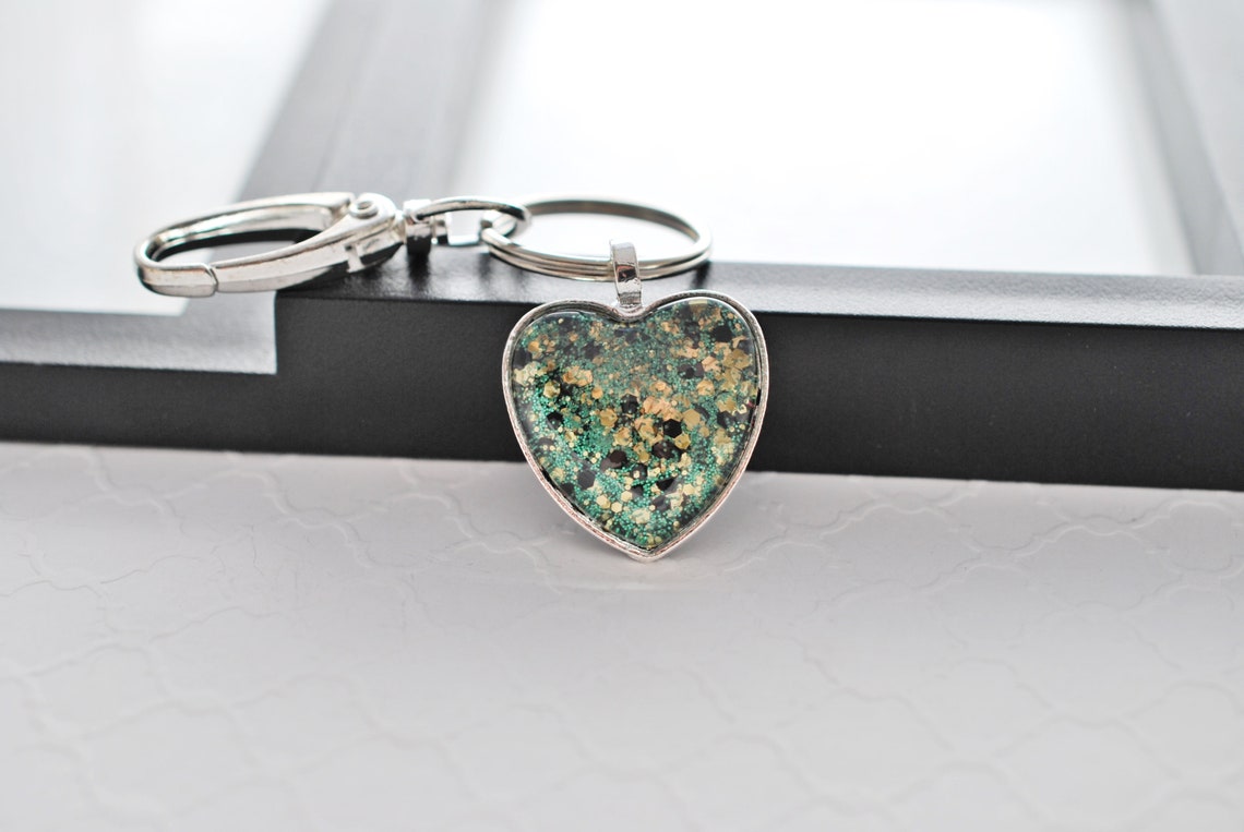 Green and Gold Keychain Heart Keychain Glitter Keychain - Etsy