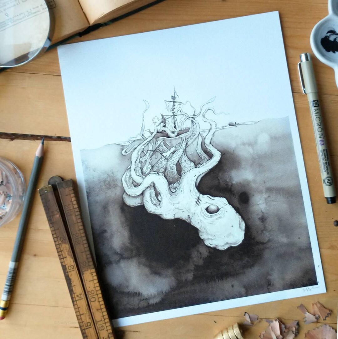 Skull Kraken | Ink Illustration. Cryptid. Sea Monster. Nautical Decor ...