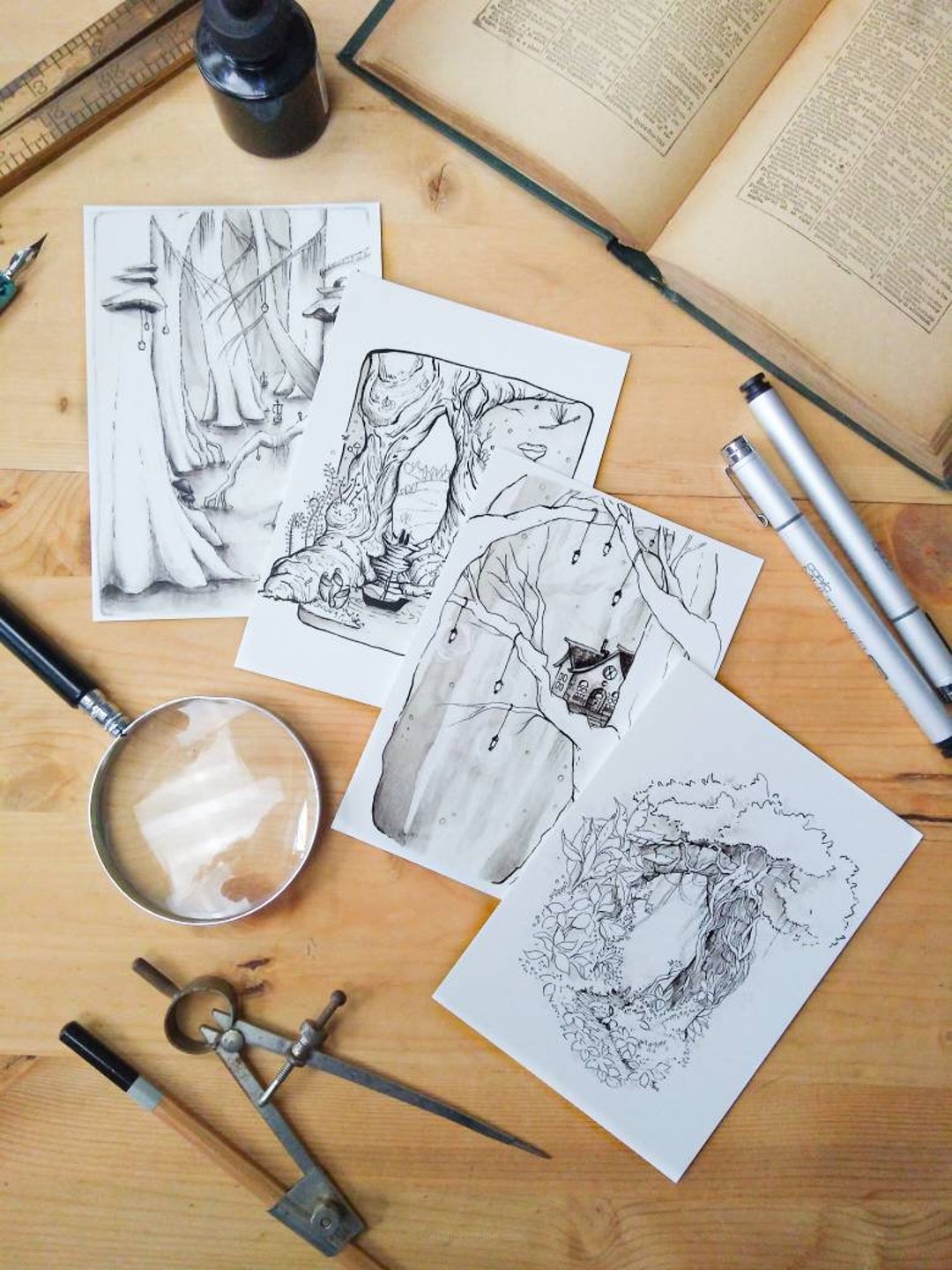 Inktober Postcard Set 1 - Trees | Ink Illustration. Mystical Dark ...