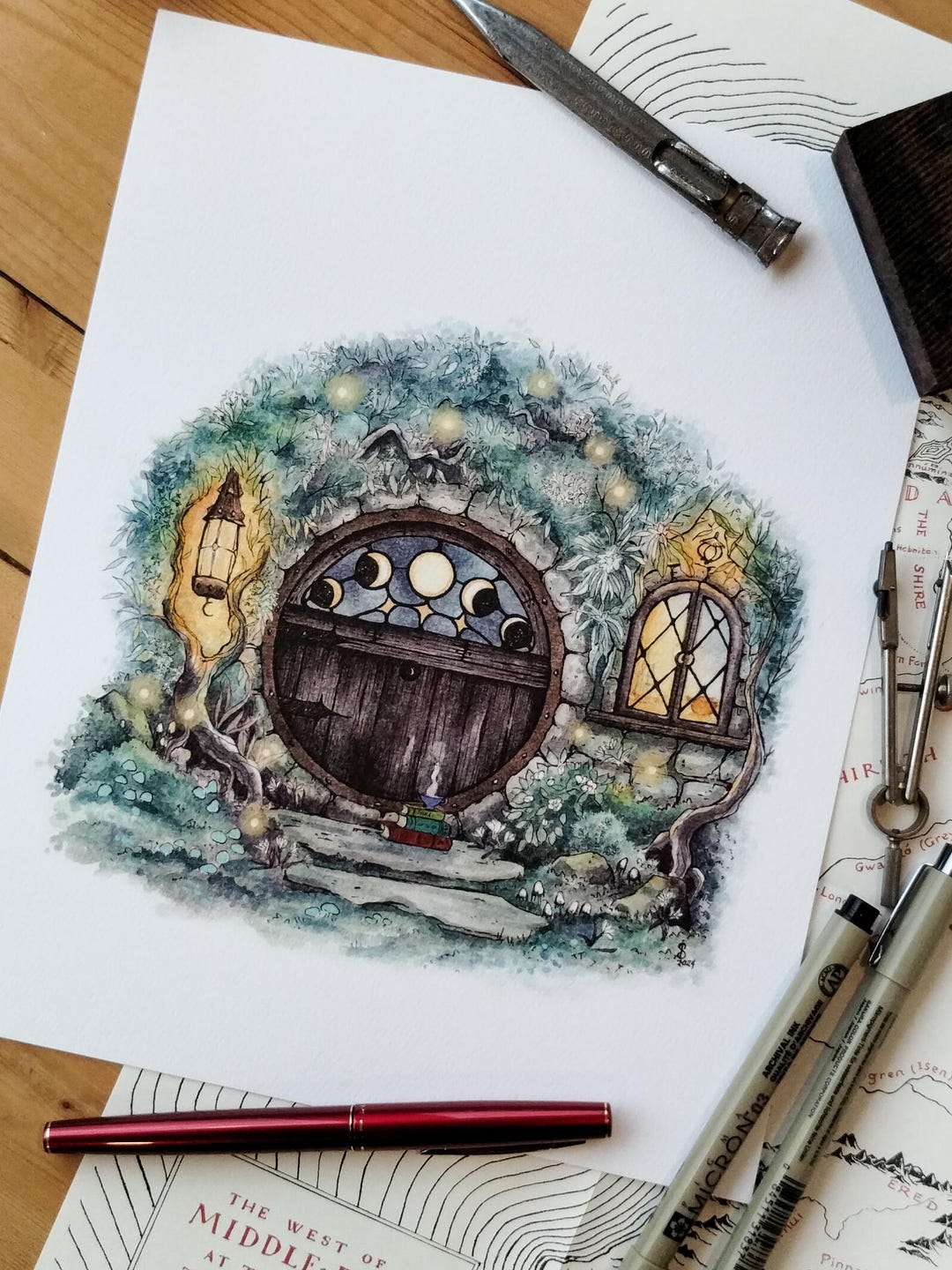 Hobbit Door Midnight Moon Phase | Watercolor Painting. Lord of the ...
