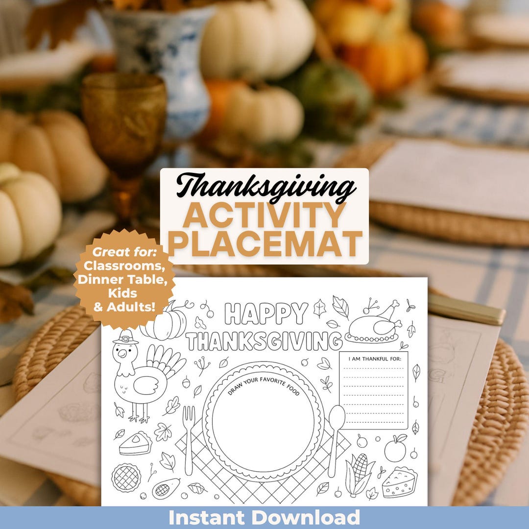Thanksgiving Placemat Coloring Page – Kids Activity Worksheet (8.5x11 ...