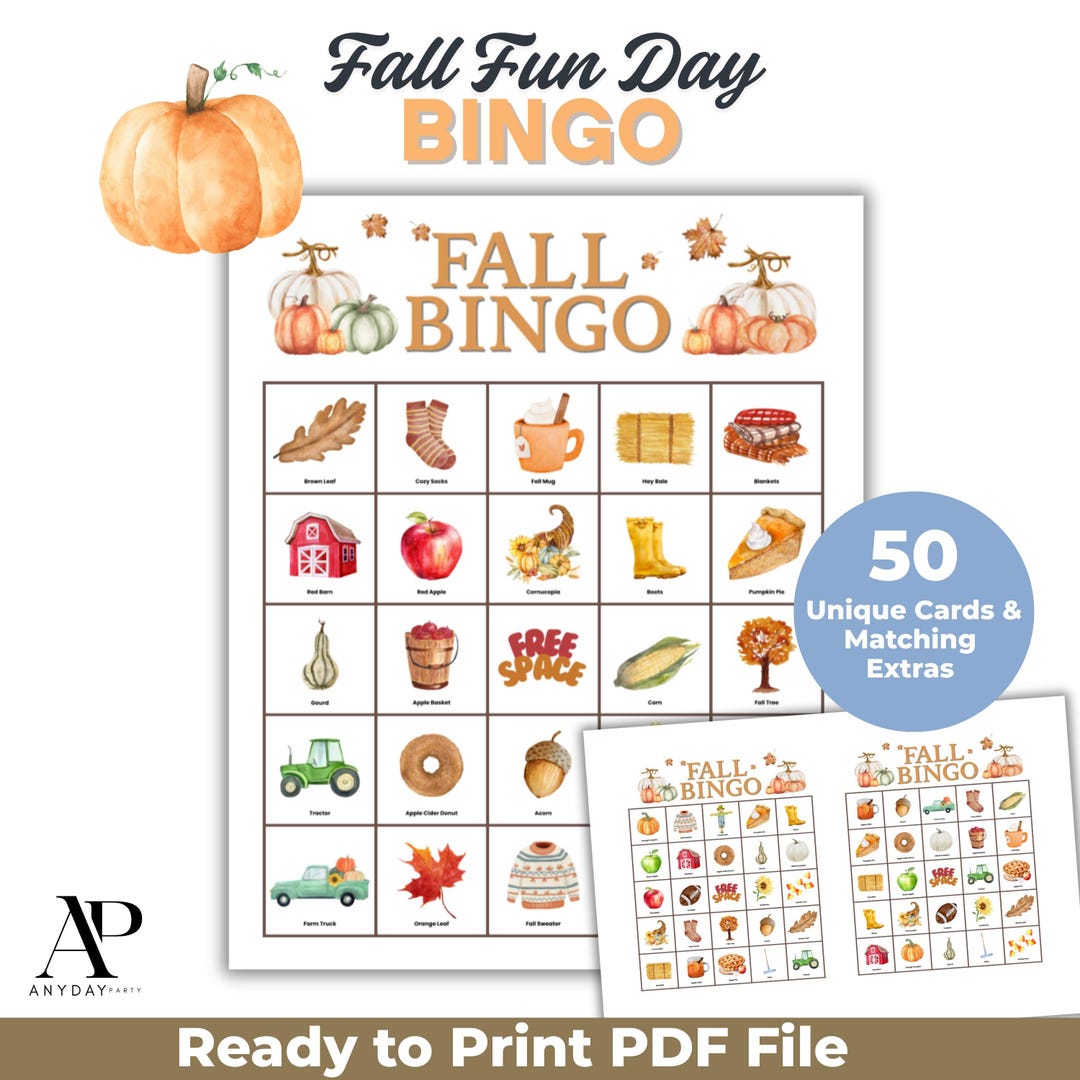 Printable Fall Bingo Game for Kids + Family – 50 Cards, Calling Cards ...