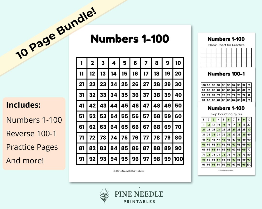 Hundreds Chart Printable Bundle | Numbers 1–100, Reverse 100–1, Blank ...