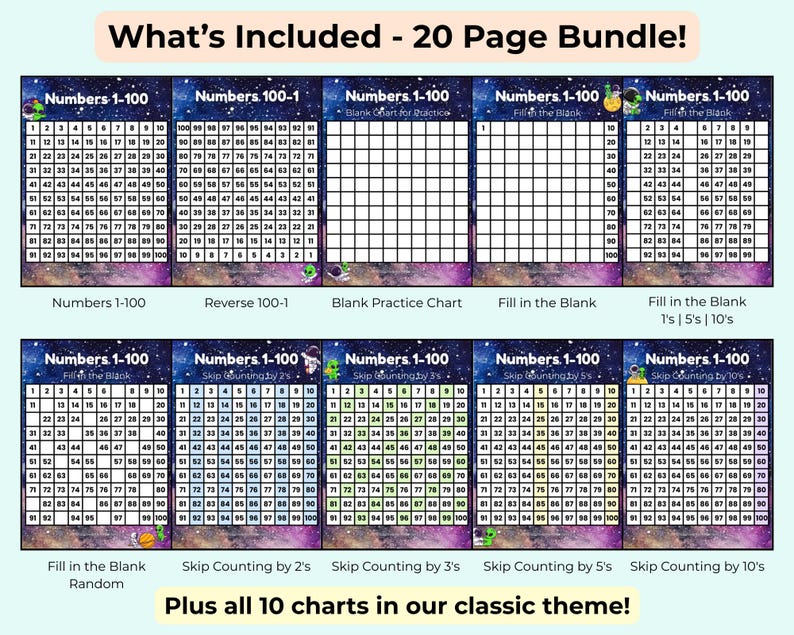 Space Themed Hundreds Chart Printable Bundle | 1-100, Skip Counting ...