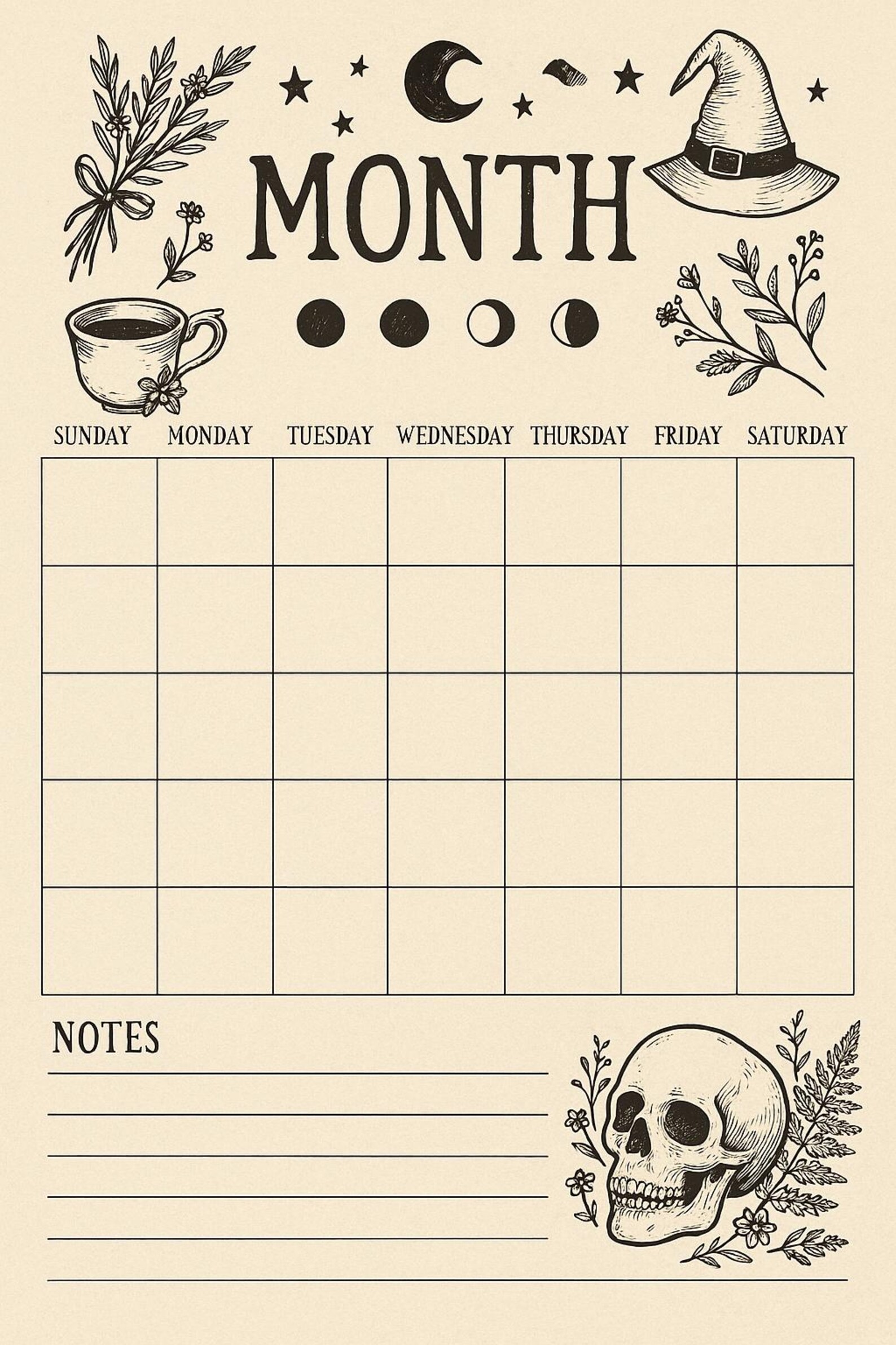 Witchy Perpetual Printable Calendar | Cottagecore Undated Planner ...