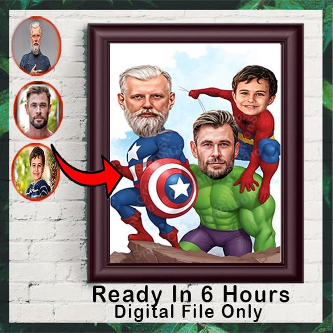Custom Dad and Two Son Superhero Cartoon Portrait, Superhero Portrait ...
