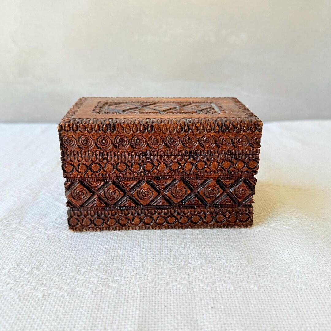 Vintage Polish Folk Art Wooden Box – Hand-carved Geometric Playing Card ...