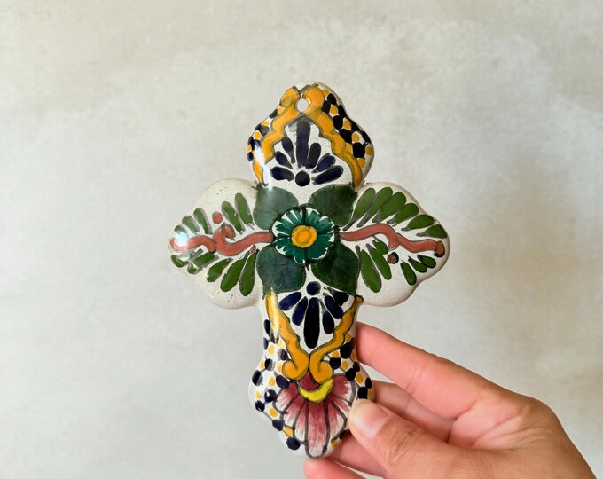 Vintage Mexican Ceramic Wall Cross – Hand-painted Ceramic Folk Art 6 ...