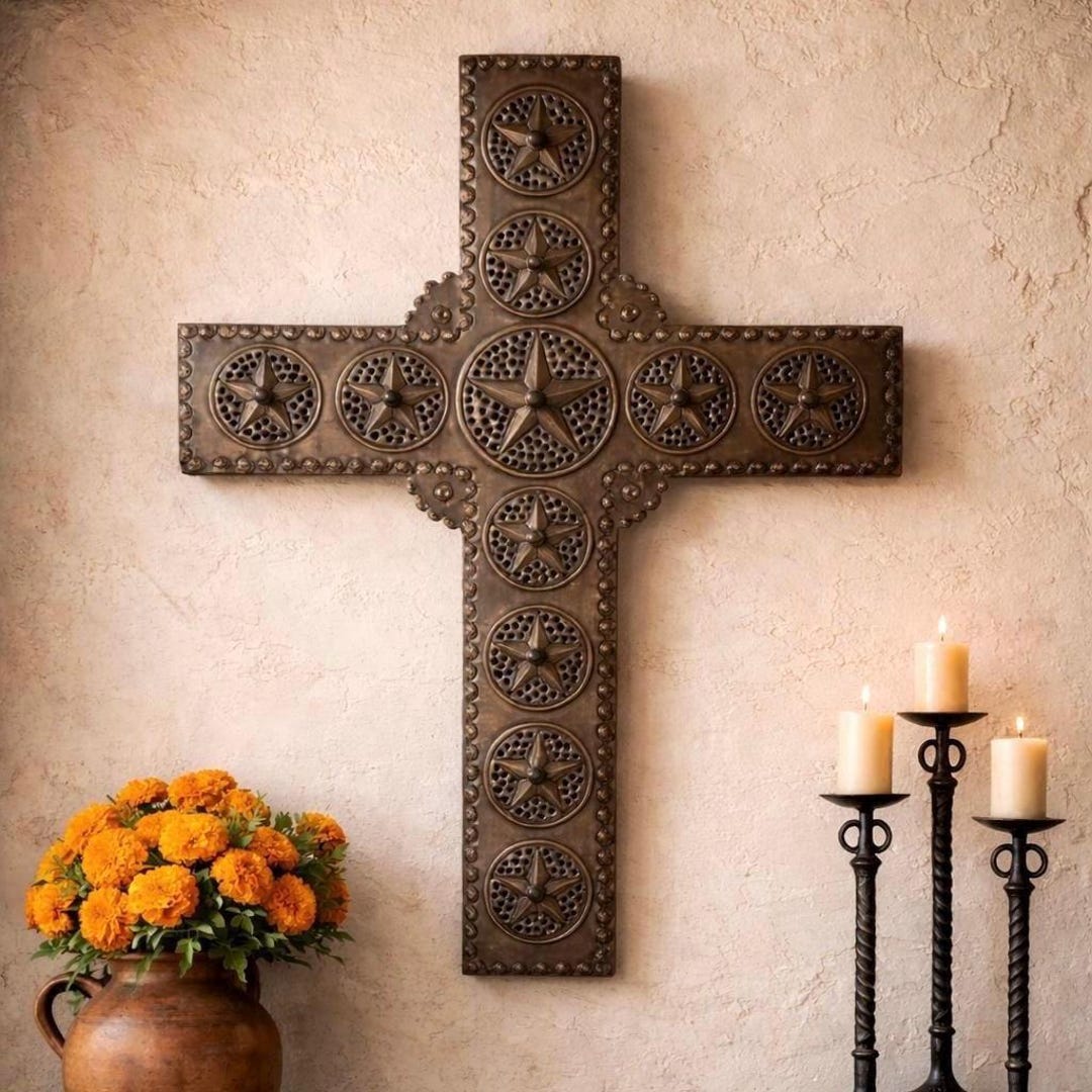 Large Vintage Mexican Folk Art Punched Tin Cross Luminary 28"h - Etsy