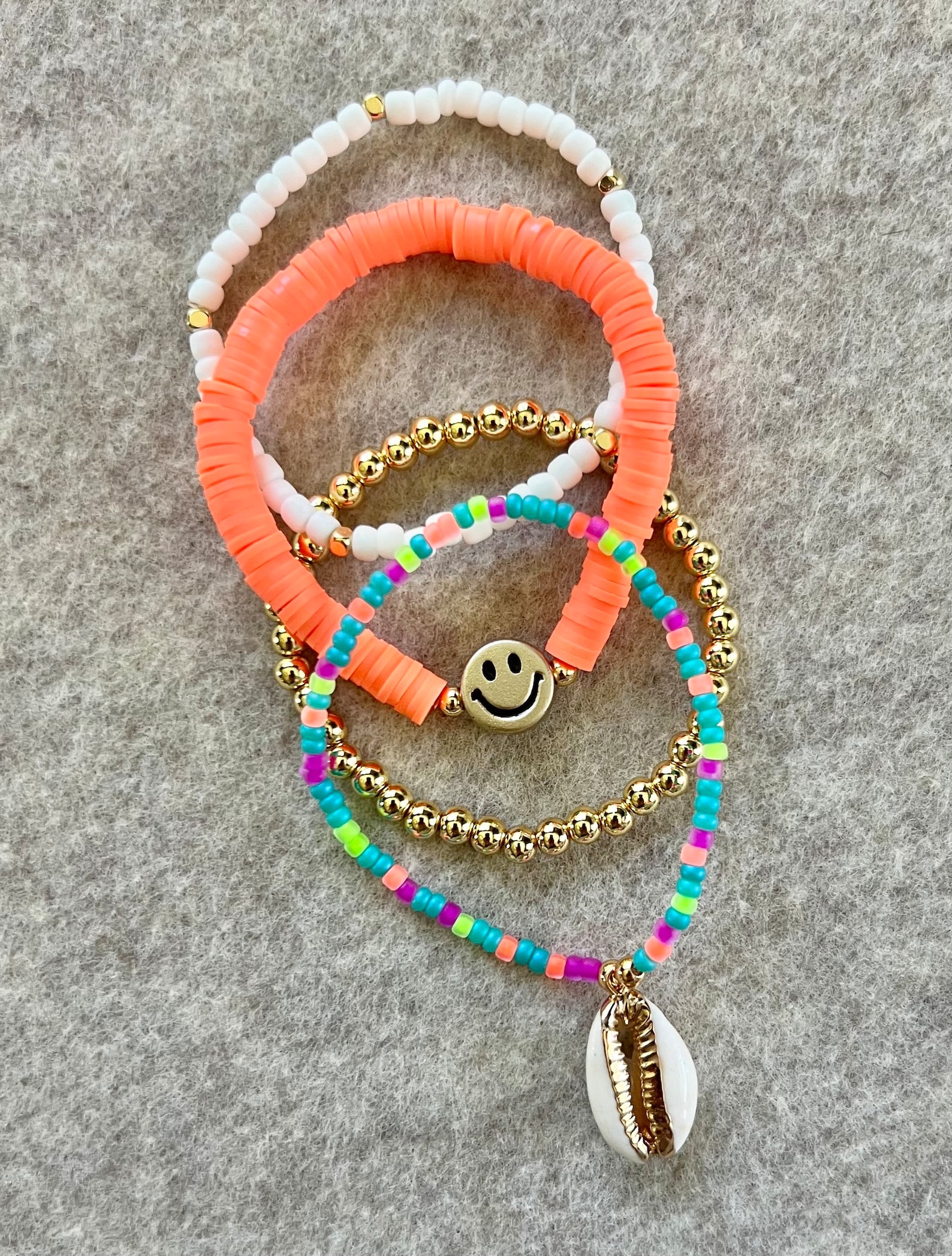 Summer Smile Stack SET OF 4, Gold Disc or Ball Bracelet, Seed Bead/gold ...