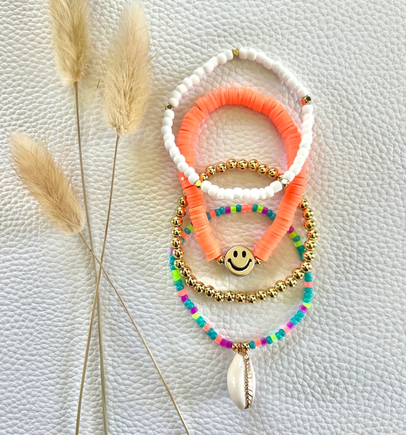 Summer Smile Stack SET OF 4, Gold Disc or Ball Bracelet, Seed Bead/gold ...