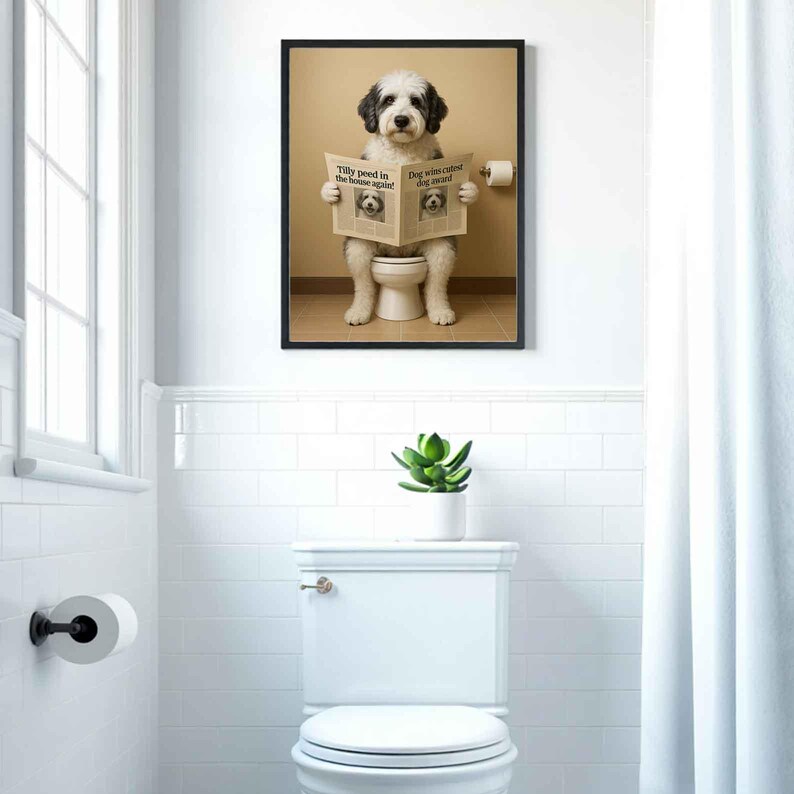 Sheepadoodle Bathroom Art Print | Dog in the Toilet | Dog Reading ...